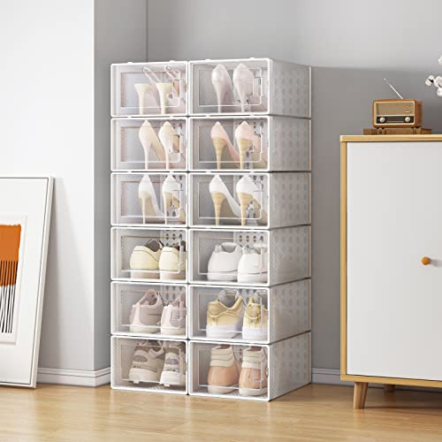 Fixwal 12 Pack Shoe Storage Box Shoe Organizer Boxes Clear Stackable Plastic Shoe Boxes with Lids, Shoe Organizer for Closet Sneaker Storage Bins Holders, Shoe Display Case （13×9.5×6.2 Inch）