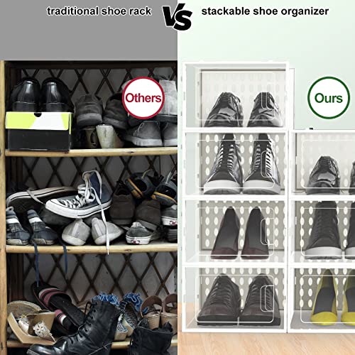 Fixwal 12 Pack Shoe Storage Box Shoe Organizer Boxes Clear Stackable Plastic Shoe Boxes with Lids, Shoe Organizer for Closet Sneaker Storage Bins Holders, Shoe Display Case （13×9.5×6.2 Inch）