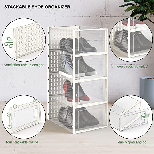 Fixwal 12 Pack Shoe Storage Box Shoe Organizer Boxes Clear Stackable Plastic Shoe Boxes with Lids, Shoe Organizer for Closet Sneaker Storage Bins Holders, Shoe Display Case （13×9.5×6.2 Inch）