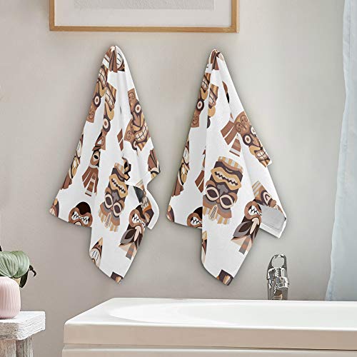 Oreayn African Tribal Tiki Masks Hand Towel for Bathroom Kitchen Beach Polyester Cotton Set of 2 Cute Mask Print Fingertip Towel Soft Absorbent 28.3 x 14.4 Inch White