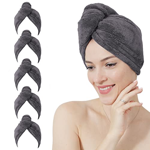 MOONQUEEN 5 Pack Hair Towel - Thicken 380GSM - Super Absorbent Quick Dry Hair Turban for Drying Curly Long Thick Hair Dark Grey