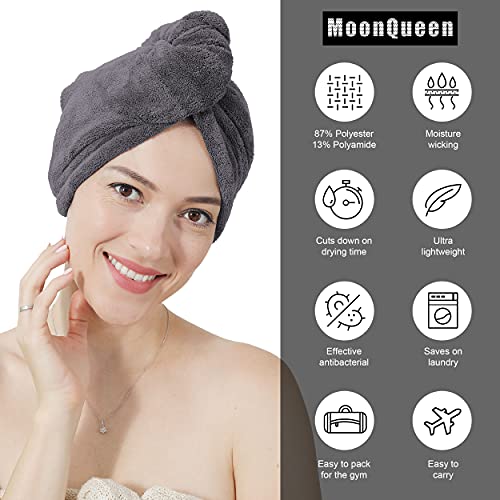 MOONQUEEN 5 Pack Hair Towel - Thicken 380GSM - Super Absorbent Quick Dry Hair Turban for Drying Curly Long Thick Hair Dark Grey