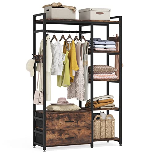 LITTLE TREE Freestanding Closet Organizer, Clothes Rack with Drawers and Shelves Heavy-Duty Garment Rack Wardrobe Closet Clothing Storage Organizer for Bedroom, Rustic Brown