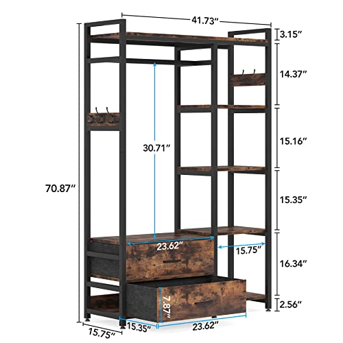 LITTLE TREE Freestanding Closet Organizer, Clothes Rack with Drawers and Shelves Heavy-Duty Garment Rack Wardrobe Closet Clothing Storage Organizer for Bedroom, Rustic Brown