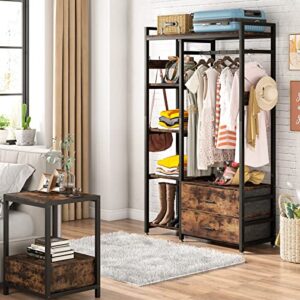 LITTLE TREE Freestanding Closet Organizer, Clothes Rack with Drawers and Shelves Heavy-Duty Garment Rack Wardrobe Closet Clothing Storage Organizer for Bedroom, Rustic Brown