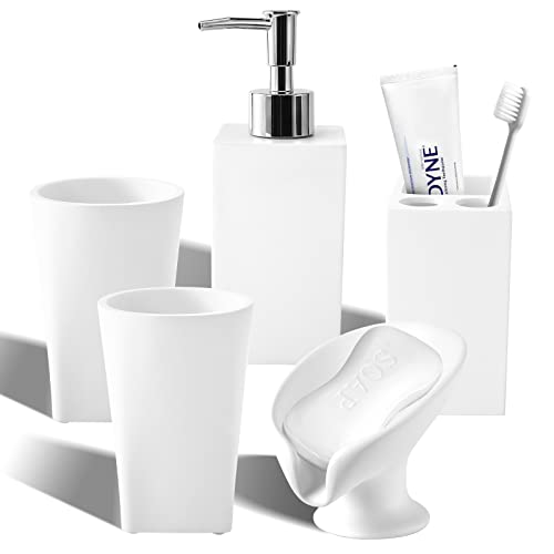 White Bathroom Accessories Set, 5Pcs Resin Bathroom Sets with Soap Dispenser Brush Holder Soap Dish and 2 Tumblers for Bathroom Restroom Apartment Home Decor