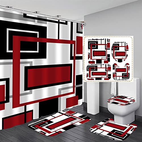 Yddsky 4 Pcs Red Geometric Shower Curtain Sets Non-Slip Rugs Bath Mat, Toilet Cover, U-Shaped Mat, Abstract Geometric Modern Shower Curtain with 12 Hooks, Black and Red Bathroom Set