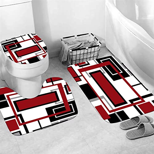 Yddsky 4 Pcs Red Geometric Shower Curtain Sets Non-Slip Rugs Bath Mat, Toilet Cover, U-Shaped Mat, Abstract Geometric Modern Shower Curtain with 12 Hooks, Black and Red Bathroom Set