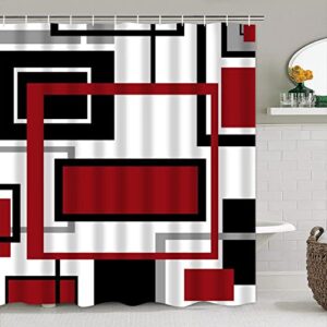 Yddsky 4 Pcs Red Geometric Shower Curtain Sets Non-Slip Rugs Bath Mat, Toilet Cover, U-Shaped Mat, Abstract Geometric Modern Shower Curtain with 12 Hooks, Black and Red Bathroom Set