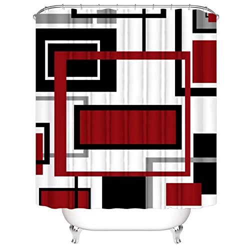 Yddsky 4 Pcs Red Geometric Shower Curtain Sets Non-Slip Rugs Bath Mat, Toilet Cover, U-Shaped Mat, Abstract Geometric Modern Shower Curtain with 12 Hooks, Black and Red Bathroom Set