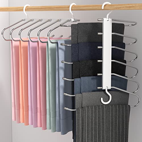 Pants Hanger Space Saving, 2Pack Stainless Steel Magic Pants Hanger 6 Layers for Closet Multifunctional Uses Pants Hangers Rack Organizer for Trousers Scarves Slack,Black