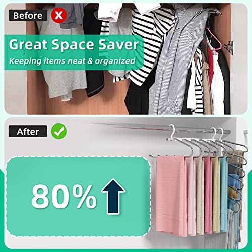 Pants Hanger Space Saving, 2Pack Stainless Steel Magic Pants Hanger 6 Layers for Closet Multifunctional Uses Pants Hangers Rack Organizer for Trousers Scarves Slack,Black