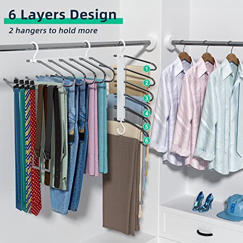 Pants Hanger Space Saving, 2Pack Stainless Steel Magic Pants Hanger 6 Layers for Closet Multifunctional Uses Pants Hangers Rack Organizer for Trousers Scarves Slack,Black