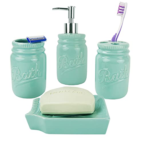 4-Piece Ceramic Mason Jar Bathroom Set (Mint), by Home Basics Beautiful and Contemporary Design Bathroom Accessory Sets Bath Accessories for Bathroom