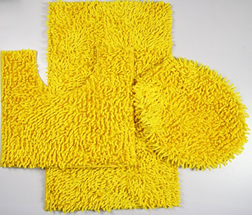 BH Home & Linen 3 Piece Ultra Soft Microfiber Mixed Shiny Chenille Bath Mats Set Large Mat 19.5" x 31 Contour Mat 19.5" x 17.5 Lid 20" x 18(Yellow)