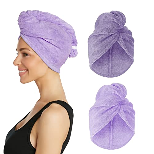 Turbie Twist Microfiber Hair Towel Wrap for Women and Men | 2 Pack | Bathroom Essential Accessories | Quick Dry Hair Turban for Drying Curly, Long & Thick Hair (Dark Purple, Light Purple)