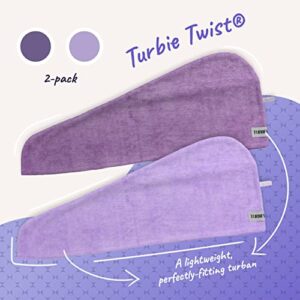 Turbie Twist Microfiber Hair Towel Wrap for Women and Men | 2 Pack | Bathroom Essential Accessories | Quick Dry Hair Turban for Drying Curly, Long & Thick Hair (Dark Purple, Light Purple)