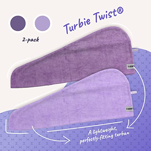 Turbie Twist Microfiber Hair Towel Wrap for Women and Men | 2 Pack | Bathroom Essential Accessories | Quick Dry Hair Turban for Drying Curly, Long & Thick Hair (Dark Purple, Light Purple)