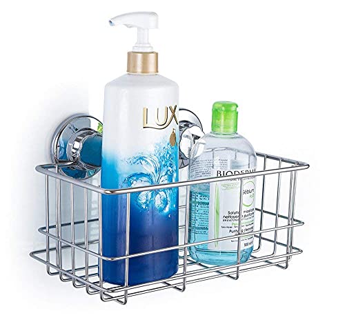 SANNO Suction Cup Shower Caddy Bath Wall Shelf, Deep Bathroom Basket Wall Shelf Double Suction Hooks