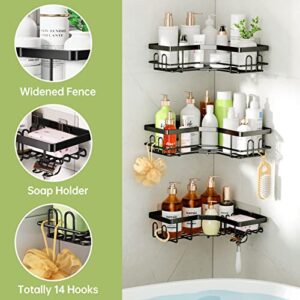 Corner Shower Caddy, Shower Organizer with Soap Holder, 14 Hooks, Adhesive Shower Shelf for Inside Shower, 3 Pack Black Shower Rack, No Drilling Stainless Steel Bathroom Shower Storage Basket