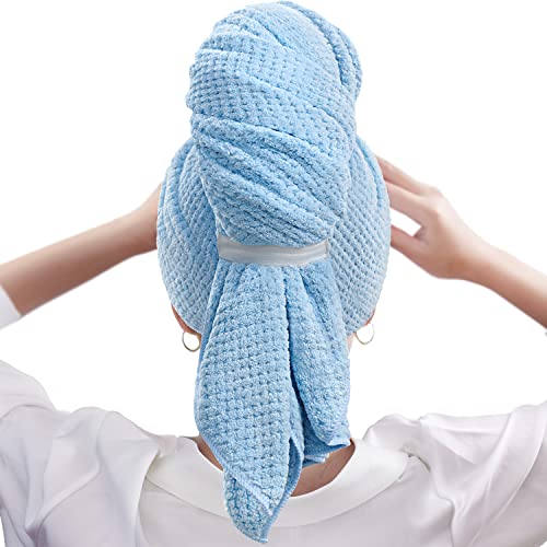 Sucedul Large Microfiber Hair Towel Wrap for Women, 41 x 27.5 Inch Super Absorbent Hair Drying Towel, Anti Frizz Fast Drying Hair Turbans for Long, Thick, Curly Hair Wrap Towels Blue