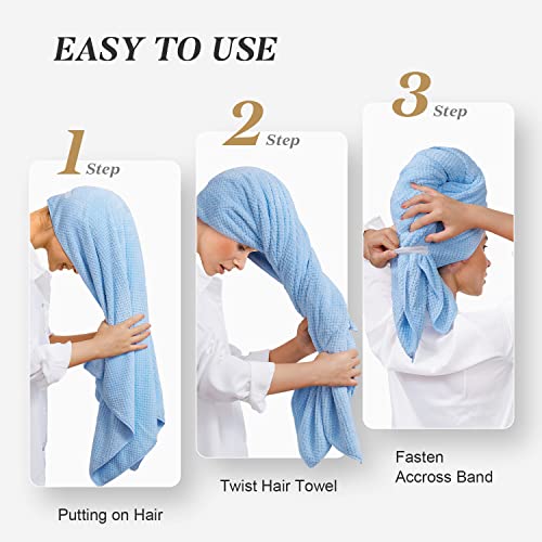 Sucedul Large Microfiber Hair Towel Wrap for Women, 41 x 27.5 Inch Super Absorbent Hair Drying Towel, Anti Frizz Fast Drying Hair Turbans for Long, Thick, Curly Hair Wrap Towels Blue