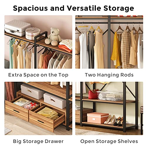 Tribesigns Freestanding Wood Garment Racks, Clothing Rack with Shelves and Drawers, Heavy Duty Metal Clothing Rack, Closet Organizer for Bedroom Walk-in Wardrobe