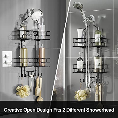 SRIWATANA Shower Caddy Hanging Over Head, Bathroom Shower Organizer Shower Rack Holder with Hooks for Razors - Black