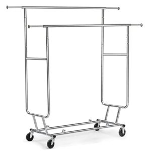 yaheetech double rail portable clothing garment rack on wheels, collapsible/extendable rack hanger holder, commercial adjustable rolling clothes rack 250lbs capacity, heavy duty, chrome