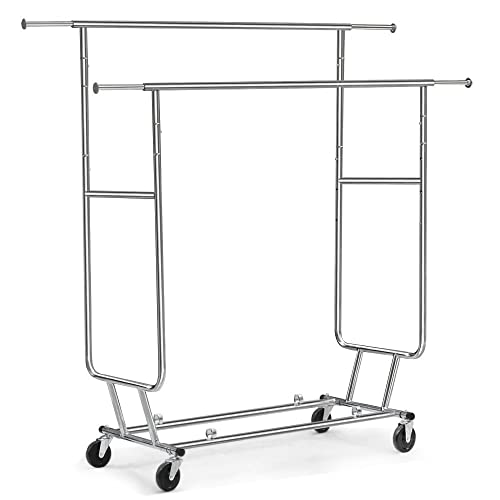 Yaheetech Double Rail Portable Clothing Garment Rack on Wheels, Collapsible/Extendable Rack Hanger Holder, Commercial Adjustable Rolling Clothes Rack 250lbs Capacity, Heavy Duty, Chrome