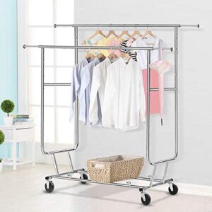 Yaheetech Double Rail Portable Clothing Garment Rack on Wheels, Collapsible/Extendable Rack Hanger Holder, Commercial Adjustable Rolling Clothes Rack 250lbs Capacity, Heavy Duty, Chrome