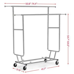 Yaheetech Double Rail Portable Clothing Garment Rack on Wheels, Collapsible/Extendable Rack Hanger Holder, Commercial Adjustable Rolling Clothes Rack 250lbs Capacity, Heavy Duty, Chrome