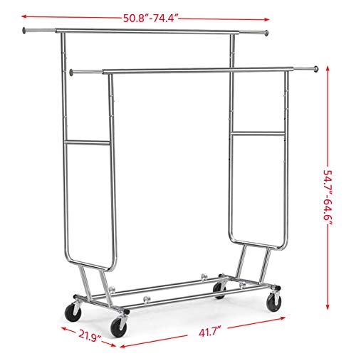 Yaheetech Double Rail Portable Clothing Garment Rack on Wheels, Collapsible/Extendable Rack Hanger Holder, Commercial Adjustable Rolling Clothes Rack 250lbs Capacity, Heavy Duty, Chrome