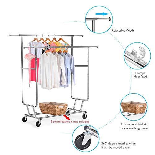 Yaheetech Double Rail Portable Clothing Garment Rack on Wheels, Collapsible/Extendable Rack Hanger Holder, Commercial Adjustable Rolling Clothes Rack 250lbs Capacity, Heavy Duty, Chrome