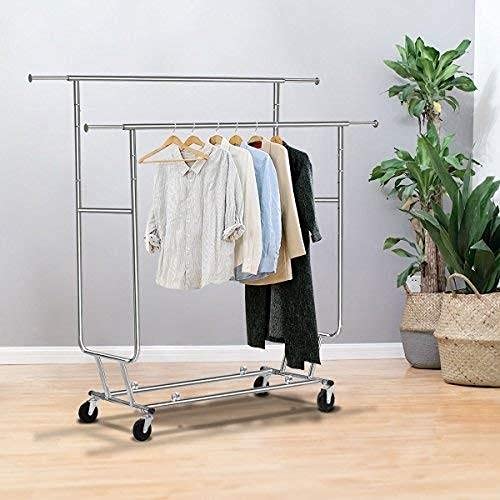 Yaheetech Double Rail Portable Clothing Garment Rack on Wheels, Collapsible/Extendable Rack Hanger Holder, Commercial Adjustable Rolling Clothes Rack 250lbs Capacity, Heavy Duty, Chrome