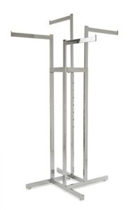 econoco - chrome 4-way clothing rack, straight adjustable height arms, rectangular tubing, perfect for clothing store display