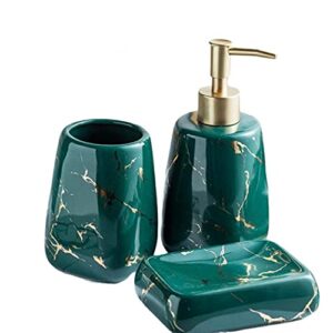 bathroom accessories set, marble pattern bathroom vanity countertop accessory set toothbrush holder set with soap dispenser, toothbrush holder, tumbler, soap dish (dark green bathroom 3-piece set)