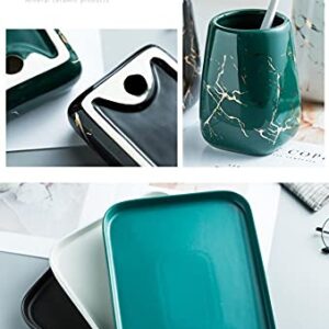 Bathroom Accessories Set, Marble Pattern Bathroom Vanity Countertop Accessory Set Toothbrush Holder Set with Soap Dispenser, Toothbrush Holder, Tumbler, Soap Dish (Dark green bathroom 3-piece set)