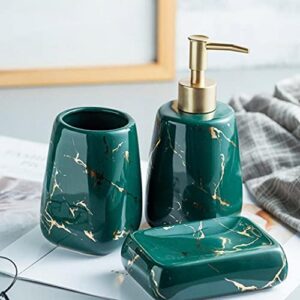 Bathroom Accessories Set, Marble Pattern Bathroom Vanity Countertop Accessory Set Toothbrush Holder Set with Soap Dispenser, Toothbrush Holder, Tumbler, Soap Dish (Dark green bathroom 3-piece set)