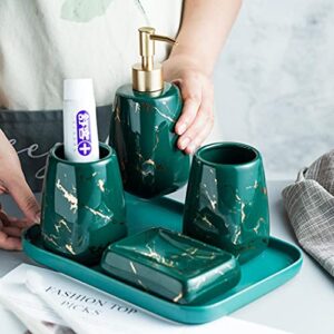 Bathroom Accessories Set, Marble Pattern Bathroom Vanity Countertop Accessory Set Toothbrush Holder Set with Soap Dispenser, Toothbrush Holder, Tumbler, Soap Dish (Dark green bathroom 3-piece set)