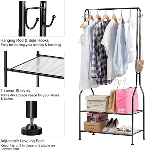 Heavy Duty Commercial Grade Clothing Garment Rack, 2-Tier Entryway Metal Coat Rack and Shoe Bench Storage Stand with Single Rod and 4 Hooks for Home Office Bedroom Max Capacity 66.1lbs, Black