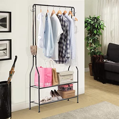 Heavy Duty Commercial Grade Clothing Garment Rack, 2-Tier Entryway Metal Coat Rack and Shoe Bench Storage Stand with Single Rod and 4 Hooks for Home Office Bedroom Max Capacity 66.1lbs, Black