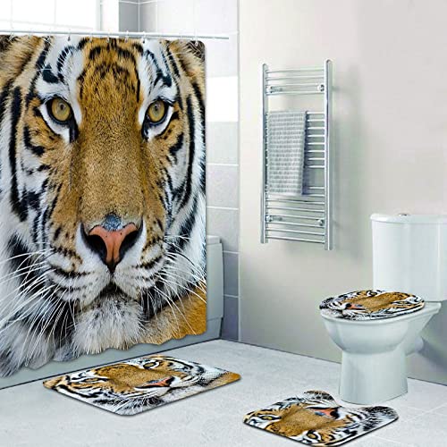 Tiger Shower Curtain 3D Printed, Animals 4Pcs Bathroom Decor Set, with Non-Slip Rug, Toilet Lid Cover and Bath Mat, Durable Waterproof Bath Curtain with 12 Hooks-59" X 72"