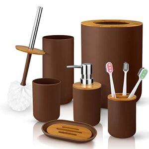 7 pcs bamboo and plastic bathroom accessories sets, includes toothbrush cup, toothbrush holder, soap dispenser, soap dish, toilet brush with holder, trash can, with 3 pcs toothbrushes (brown)