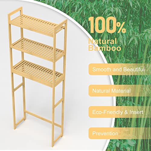 PINPON Bamboo Over The Toilet Storage Shelf, 3-Tier Bamboo Bathroom Shelf Organizer, Multifunctional Over Toilet Shelf Stand Rack Space Saver for Laundry Room, Restroom, Balcony, Bamboo