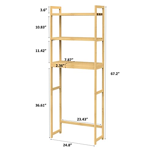 PINPON Bamboo Over The Toilet Storage Shelf, 3-Tier Bamboo Bathroom Shelf Organizer, Multifunctional Over Toilet Shelf Stand Rack Space Saver for Laundry Room, Restroom, Balcony, Bamboo