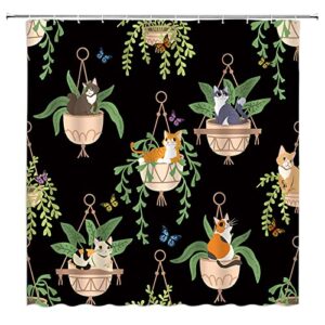 srauyst potted plant shower curtain greenhouse tropical cactus palm cute cat boho botanical garden aesthetic fabric bathroom decor sets with hooks