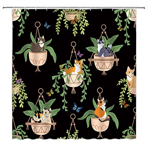 SRAUYST Potted Plant Shower Curtain Greenhouse Tropical Cactus Palm Cute Cat Boho Botanical Garden Aesthetic Fabric Bathroom Decor Sets with Hooks