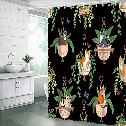 SRAUYST Potted Plant Shower Curtain Greenhouse Tropical Cactus Palm Cute Cat Boho Botanical Garden Aesthetic Fabric Bathroom Decor Sets with Hooks