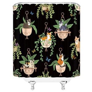 SRAUYST Potted Plant Shower Curtain Greenhouse Tropical Cactus Palm Cute Cat Boho Botanical Garden Aesthetic Fabric Bathroom Decor Sets with Hooks